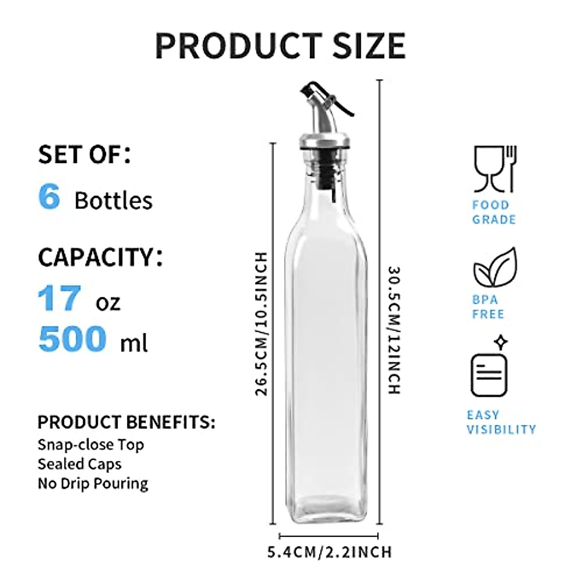 YULEER Olive Oil Bottle Dispenser, 6 Pack 17oz / 500ml Glass Oil and Vinegar Dispenser, Oil Bottles for Kitchen with Airtight Nozzle Plug & Pouring Spouts