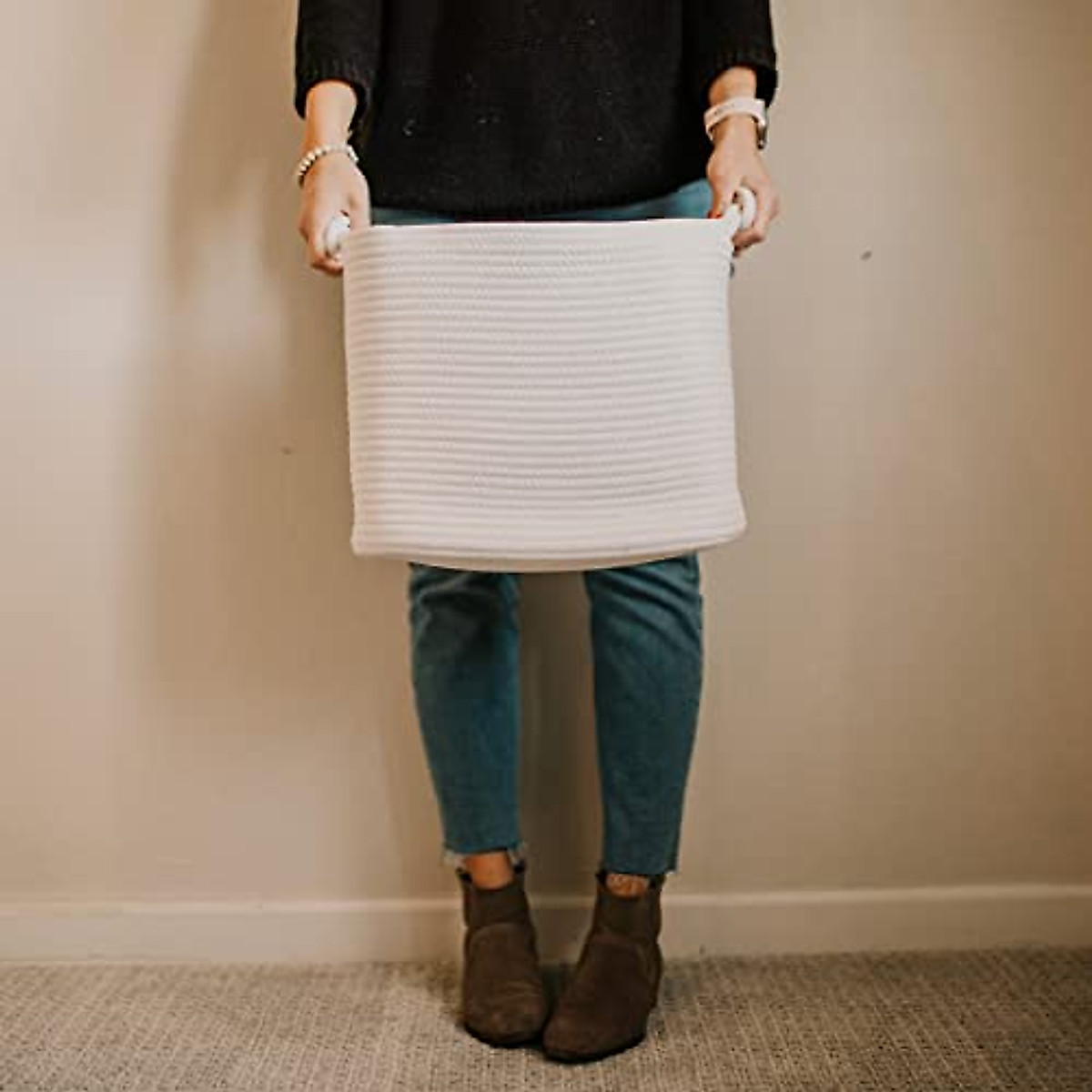 Parker Baby Rope Storage Cube Bin - 11 Inch Nursery Cubby Storage Bin Cubes for Cube Organizer, Closet Organizers and Storage Toy Bin, Rope Baskets Bins for Toy’s Storage - White