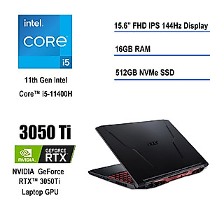 Acer Nitro 5, 15.6" FHD IPS 144Hz Display, 11th Gen Intel Core i5-11400H, NVIDIA GeForce RTX 3050Ti, 16GB DDR4, 512GB PCIe SSD, USB-C, HDMI,RJ45, WiFi 6, Backlit Keyboard, Windows 11 Home, Shale Black