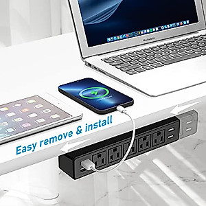 Black Under Desk Power Strip, Adhesive Wall Mount Power Strip with USB,Desktop Power Outlets, Removable Mount Multi-Outlets with 4 USB Ports, Power Socket Connect 5 Plugs for Home Office Reading