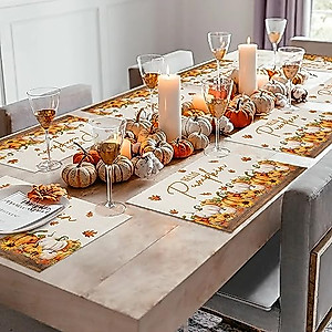 Thanksgiving Fall Pumpkin Sunflower Placemats Set of 4,Heat-Proof Non-Slip Place Mat Maple Leaves on Burlap Linen,Washable Dining Table Mats for Kitchen Dining Holiday Party Decorations