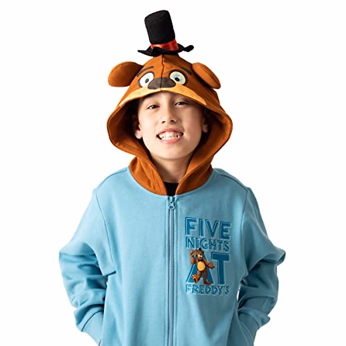 Five Nights At Freddy's Big Face Freddy Hood Long Sleeve Denim Heather Boy's Hooded Sweatshirt-Small