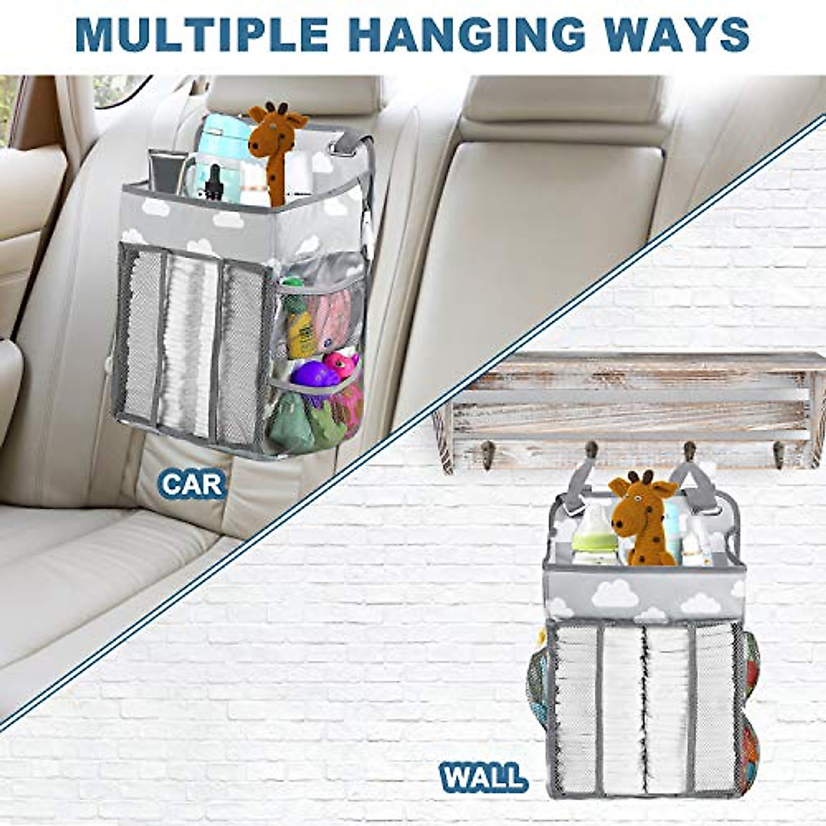 Diaper Caddy Hanging Diaper Caddy Organizer, Hanging Nursery Nappy Organiser Diaper Holder Caddy Stacker for Baby Girl Boy Crib Changing Table Playard Wall Baby Shower Gifts Bedside Storage Bag -Grey