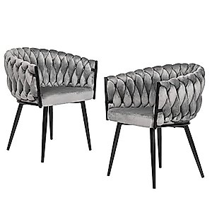 Homebeez Velvet Upholstered Dining Chairs Modern Accent Chairs,Hand-Woven Side Chairs with Black Metal Legs Set of 2, for Dining Room, Living Room, Kitchen,Gray
