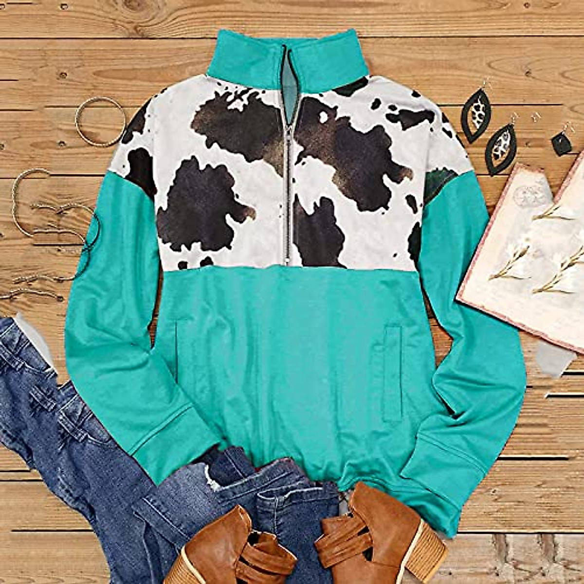 MIASHUI Women Half Zip Casual Cow Print Patchwork Pullover Long Sleeve Sweatshirt Pullover Top with Pocket (Green, M)