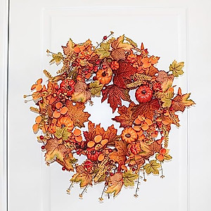 Yawwind 20 inch Fall Wreath Artificial Autumn Wreath with Orange Maple Leaves Pumpkin and Berry Harvest Wreath Thanksgiving Farmhouse Fall Wreaths for Front Door