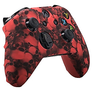 9CDeer 2 Pieces of Silicone Water Transfer Protective Sleeve Case Cover Skin + 8 Thumb Grips Analog Caps for Xbox One/S/X Controller, Skull Black & Red