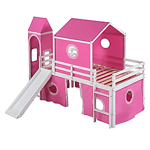 Bellemave Low Full Loft Bed with Slide and Curtains, Full Over Full Floor Bunk Bed with House Shape Tent and Tower, Wood Castle Style Loft Beds for Kids Boys Girls, Pink