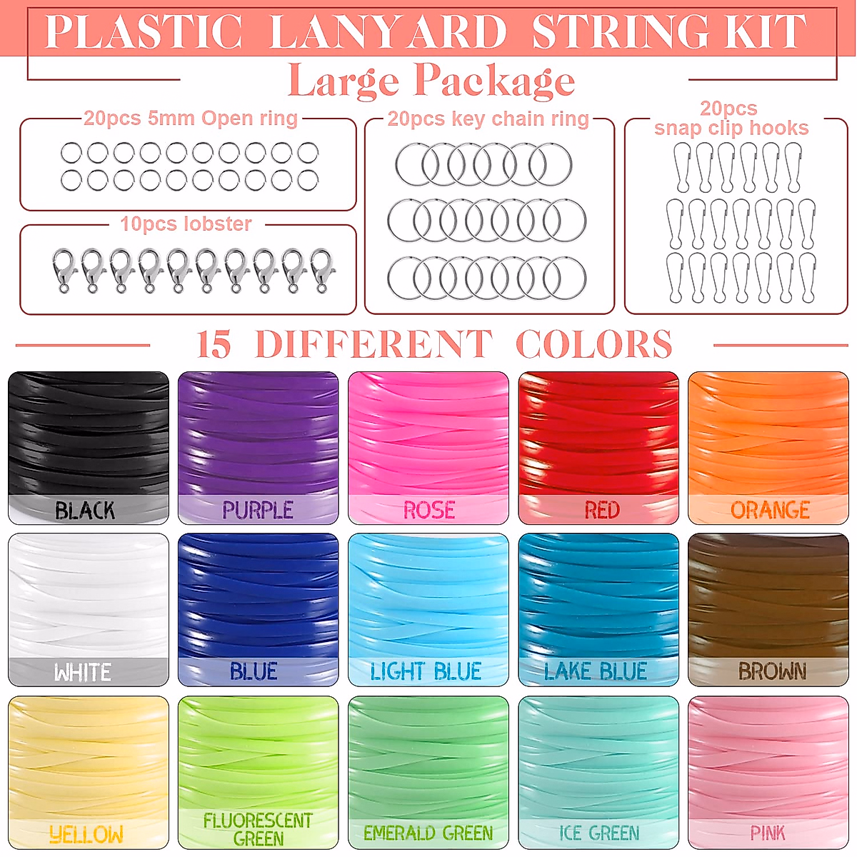 KAMJUNTAR Lanyard String,15 Rolls Gimp String Plastic Lacing Cord Plastic String Lanyard Kit for Friendship Bracelets Jewelry Making DIY Craft Boondoggle Gimp Bracelet Making Kit for Kids Girls