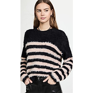 VELVET BY GRAHAM & SPENCER Women's Lulu Feather Yarn Stripe Sweater, Black/Blush, L