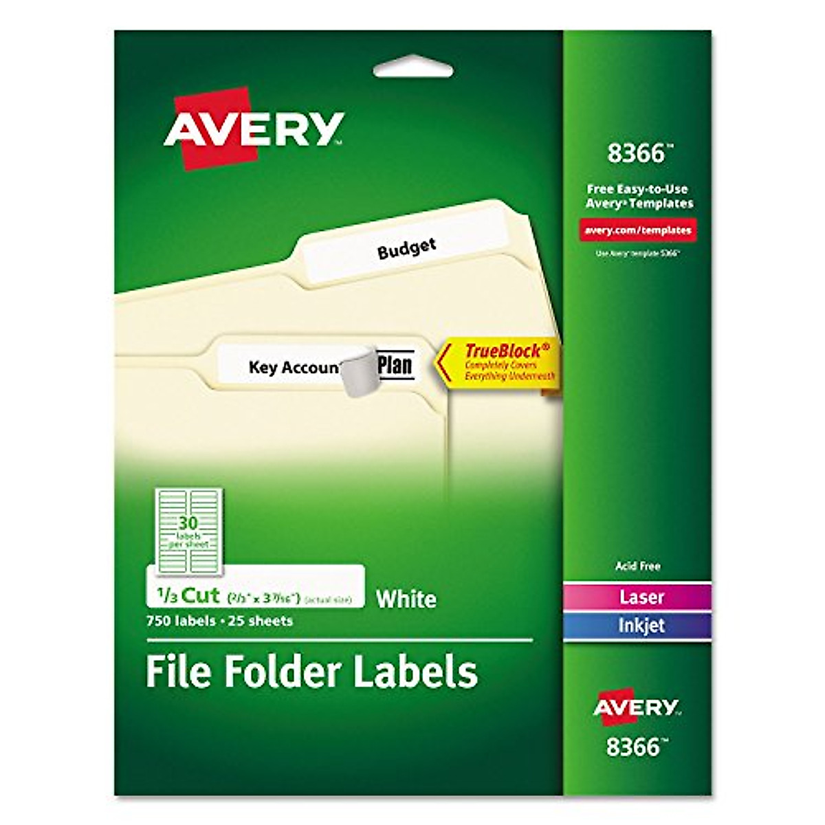 Avery 8366 Permanent Filing Labels, 1/3 Cut, 750/PK, White