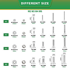 FOLIV Flat Head Socket Cap Screws, 1230PCS M2 M3 M4 M5 Bolts Nuts Washers Assortment Kit, Allen Socket Drive, 304 Stainless Steel