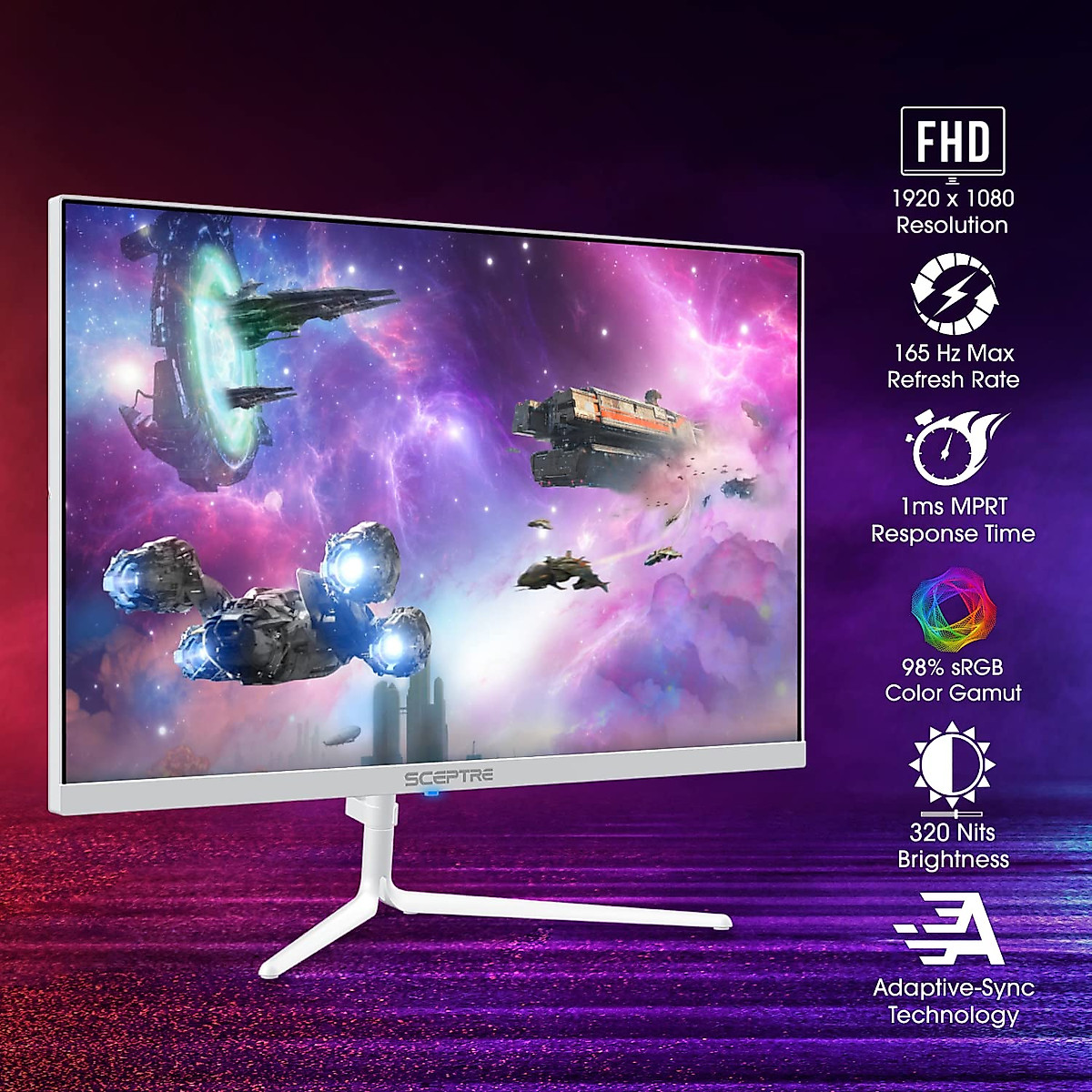 Sceptre 24 inch Gaming Monitor 1080p 98% sRGB up to 165Hz 1ms 320Lux DisplayPort HDMI, Build-in Speakers Nebula White 2022 (E248B-FWN168W)