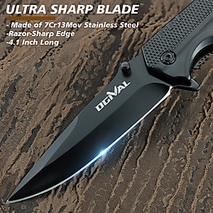 OGIVAL Pocket Knife，4inch Folding Knife with Nylon Sheath and Pocket Clip, Bottle Opener, Glass Breaker, Seatbelt Cutter and Wrench, Black