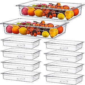 Mumufy 10 Packs Plastic Clear Food Pan 1/1 Size Stackable Polycarbonate Pan with Capacity Indicator Restaurant Commercial Hotel Pans for Fruits Vegetables Beans Corns (4)