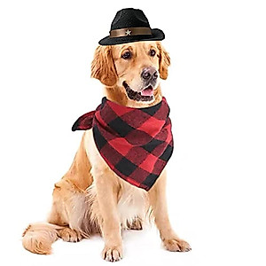 ANIAC Pet Dog Cowboy Hat and Plaid Bandana Set Cat Cowboy Costume Puppy Adjustable Cowboy Cosplay Cap with Scarf for Birthday Halloween Holiday Festival and Daily Wear (Black)