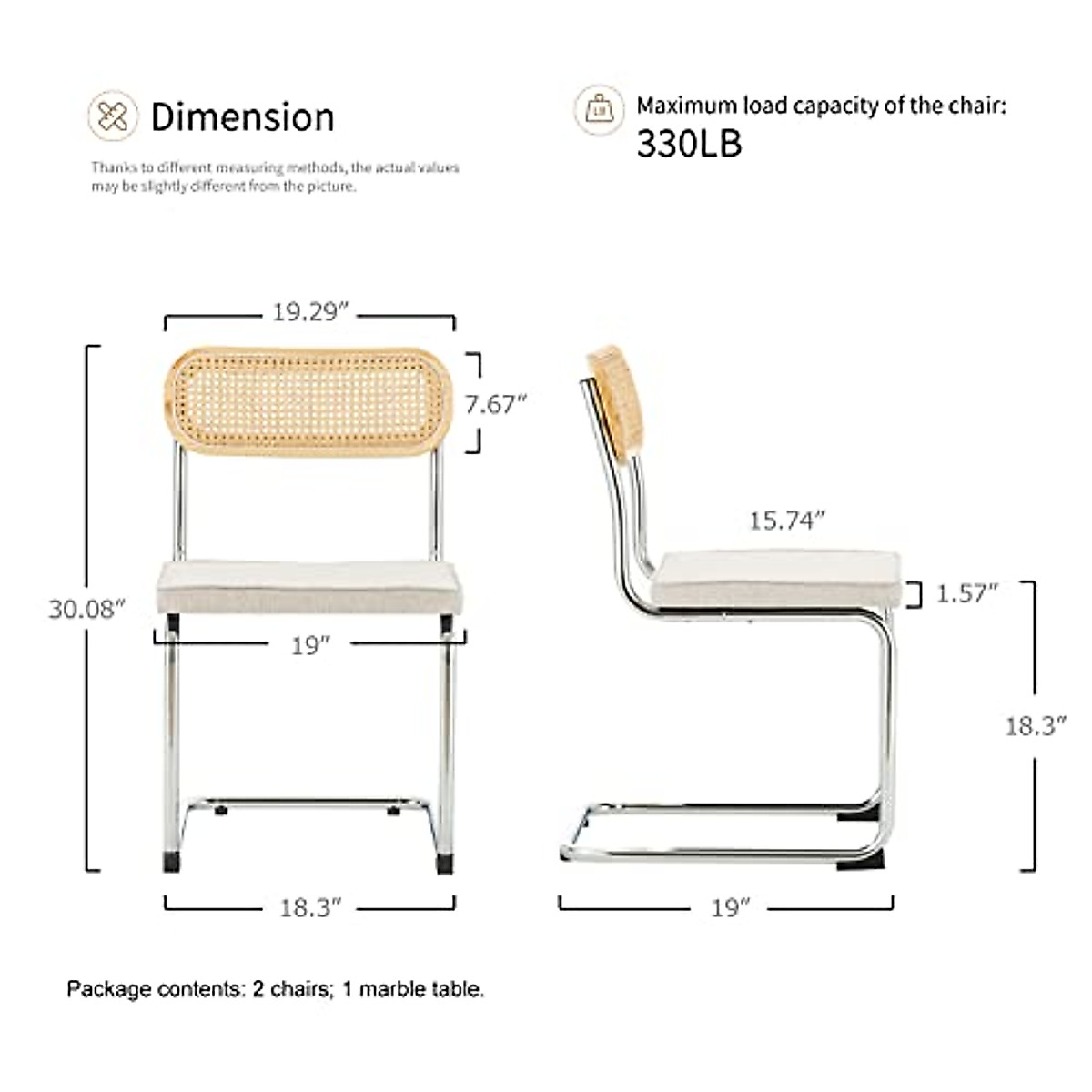 Brafab Mid Century Modern Dining Chairs Set of 2, Accent Kitchen Chairs with Natural Rattan Backrest, Modern Industrial Upholstered Metal Chairs for Dining Living Room Kitchen（White）