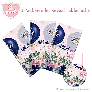 3 Pieces Gender Reveal Tablecloths Boy or Girl Table Cover Balloons and Floral Print Plastic Tablecloth Navy and Pink Table Cover for He or She Baby Shower Gender Reveal Party Decorations Supplies