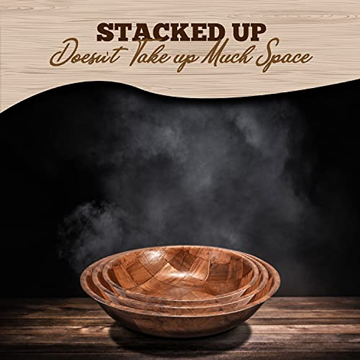 Wooden Salad Bowl, Set 6 Pieces 8, 10 and 12 Inch Wooden Bowls 2 of Each Size Decorative Bowl, Fruit Bowl for Kitchen Counter, Candy Bowl, Salad Bowls, Mixing Serving Bowls, Wooden Bowls for Decor