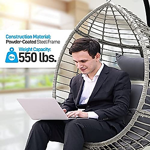 SereneLife Hanging Egg Chair with Stand - Indoor Outdoor Patio Wicker Rattan Lounge Chair with Stand, Steel Frame, UV Resistant Washable Cushions for Garden Backyard Deck Sunroom SLGZ0EGG (Gray)