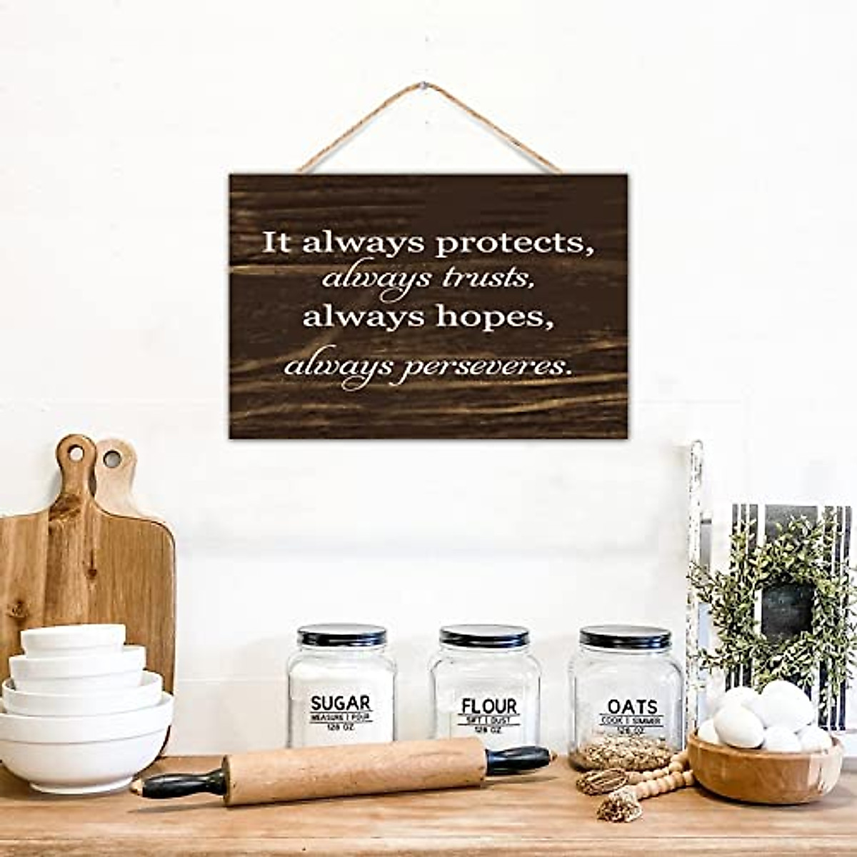 Rustic Wood Sign It Always Protects, Always Trusts, Always Hopes, Always Perseveres Family Wall Art Decor for Entryway Hanging Cute Wood Plank Hanging Sign Bathroom Wall Decor Sign Gift Offices 12x8in