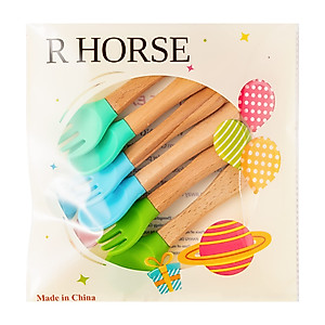 R HORSE 6Pcs Silicone Baby Forks and Spoon Set with Beech Handle Blue Green Silicone Baby Feeding Set BPA-Free Baby Training Utensils Set for Toddlers Boy Girl Self Feeding