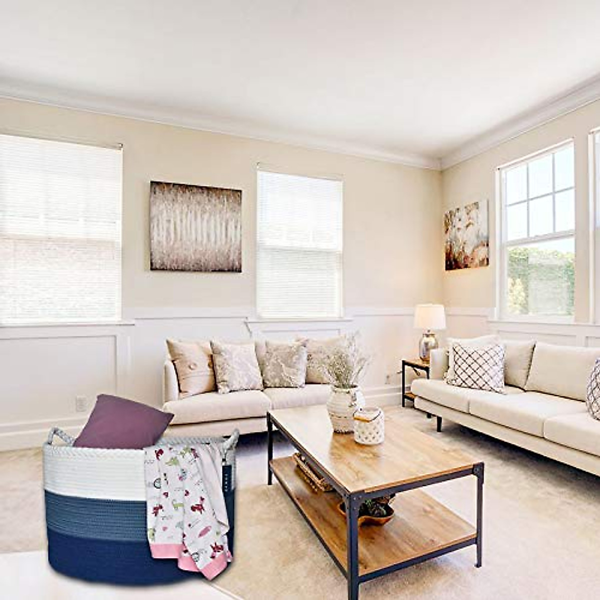 COMSE Extra Large Blanket Basket, Storage Basket, Laundry Basket, 21.7”x 13.8”, Laundry Hamper, Cotton Rope Basket, Blanket Basket Living Room, Toy Basket (White & Cadet Blue & Navy Blue)