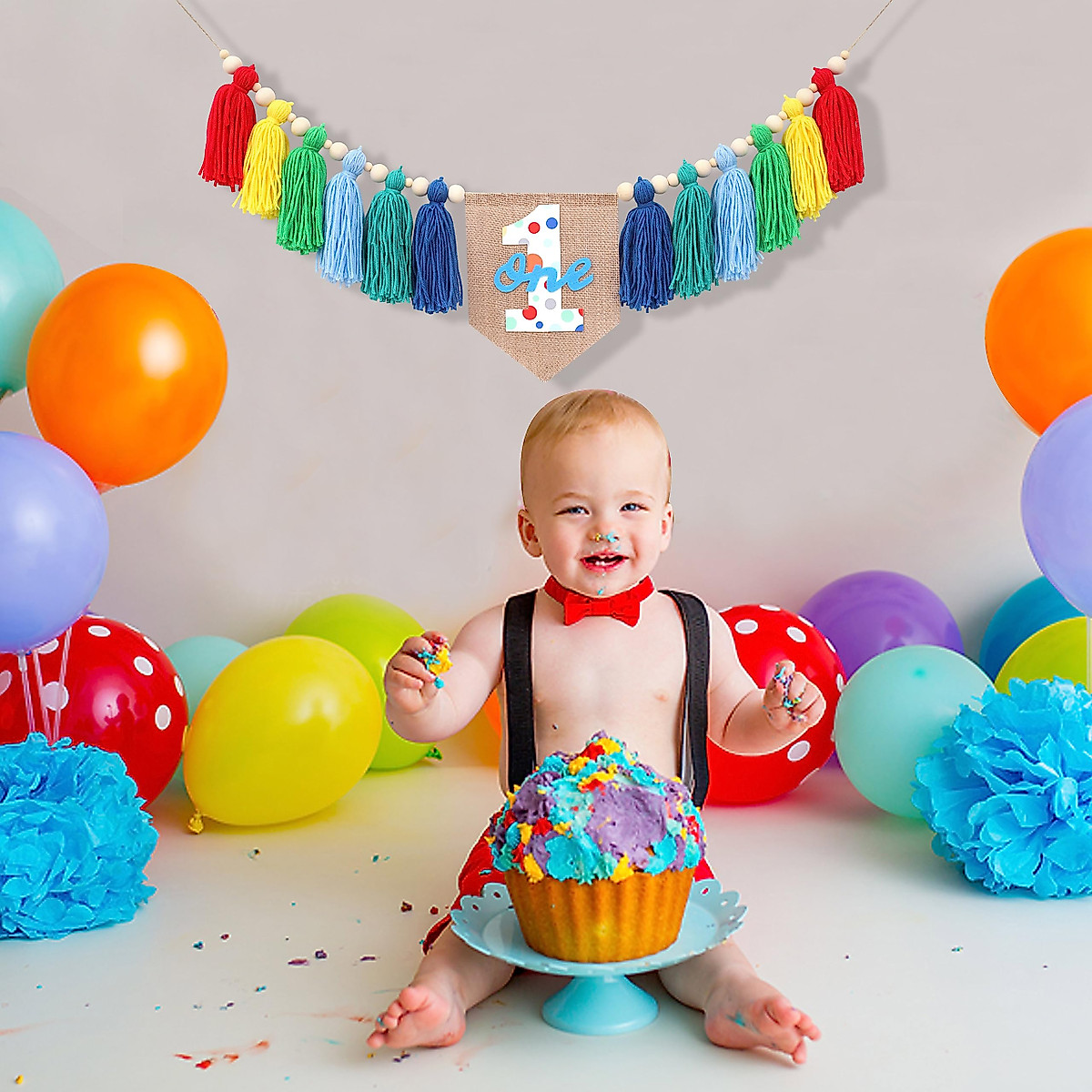 Rainbow 1st High chair Banner - Colorful Tassel Highchair Banner,1st Birthday Boyr,Cake Smash Backdrop Banner,Birthday Highchair Yarn Tassel Banner,Colorful Tassel Banner With Wooden Beads