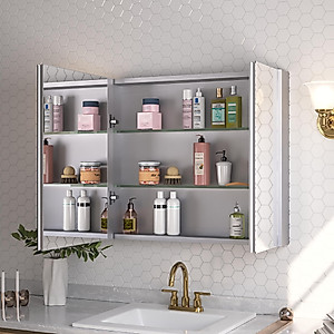 Deer Valley Medicine Cabinet with Mirror, 26 x 30 Inch Double Doors Bathroom Mirror Medicine Cabinet with Adjustable Glass Shelves, Frameless Surface Mount Wall Cabinet, Beveled Edge