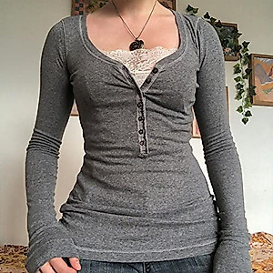 Fairy Grunge Shirts for Women Y2K Tops Long Sleeve Lace Patchwork Tees Teen Girls Vintage Slim Blouse Fall Clothes (A Grey, S)