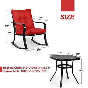Crownland Outdoor Rocking Chairs Patio Furniture 3 Piece Patio Set Bistro Table Set Black Ironl with Thickened Cushions and Glass Coffee Table, Red