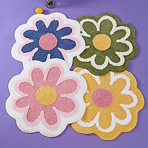 MSUIINT Flower Shaped Rug, Round Bedroom Bedside Blanket Carpet, Aesthetic Cute Flower Round Area Rug, Non Slip Circle Soft Fluffy Flower Rug Indoor Floor Mat(Green)