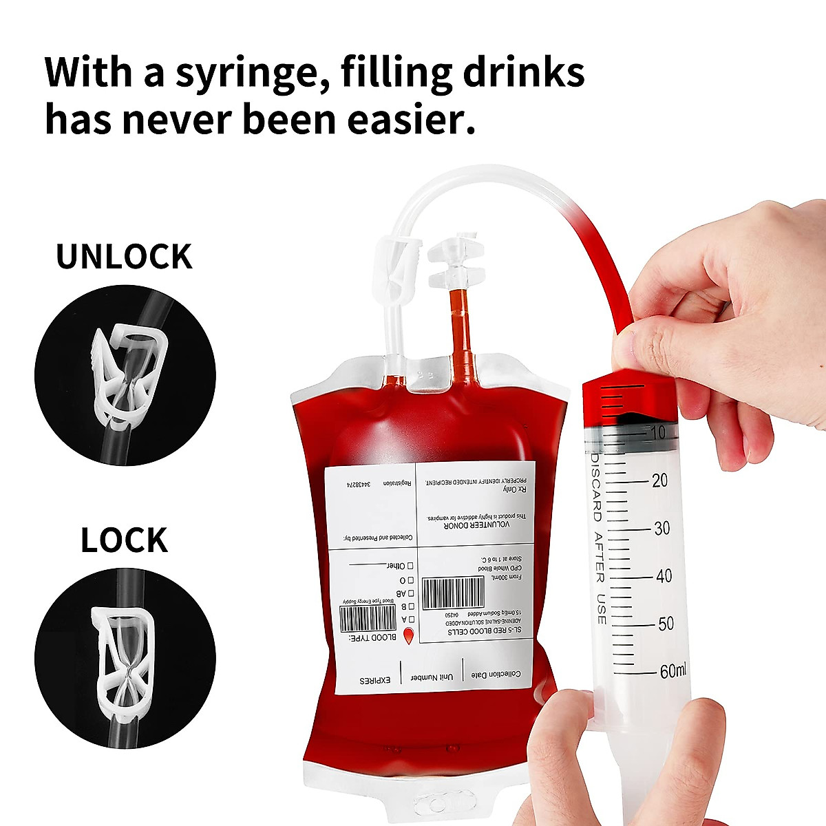 MGparty 50 Packs Halloween Blood IV Bags Reusable Drink Pouches Juice Containers for Halloween Zombie Vampire Party Decoration with Syringe and Clips, 10.14 fl.oz (50pcs Bags, 50 Labels, 3 Syringes)