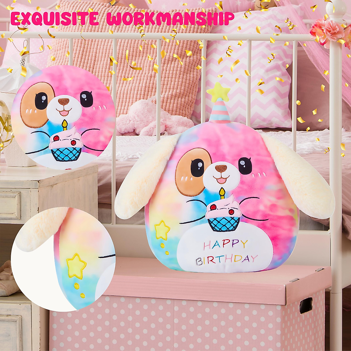 PLAYNICS Large Birthday Happy Dog Plush Pillow Stuffed Animal Toy,14.5" Big Size Cute Soft Toys Fat Kawaii Cuddle Huggable Plushie,Gift for Kids