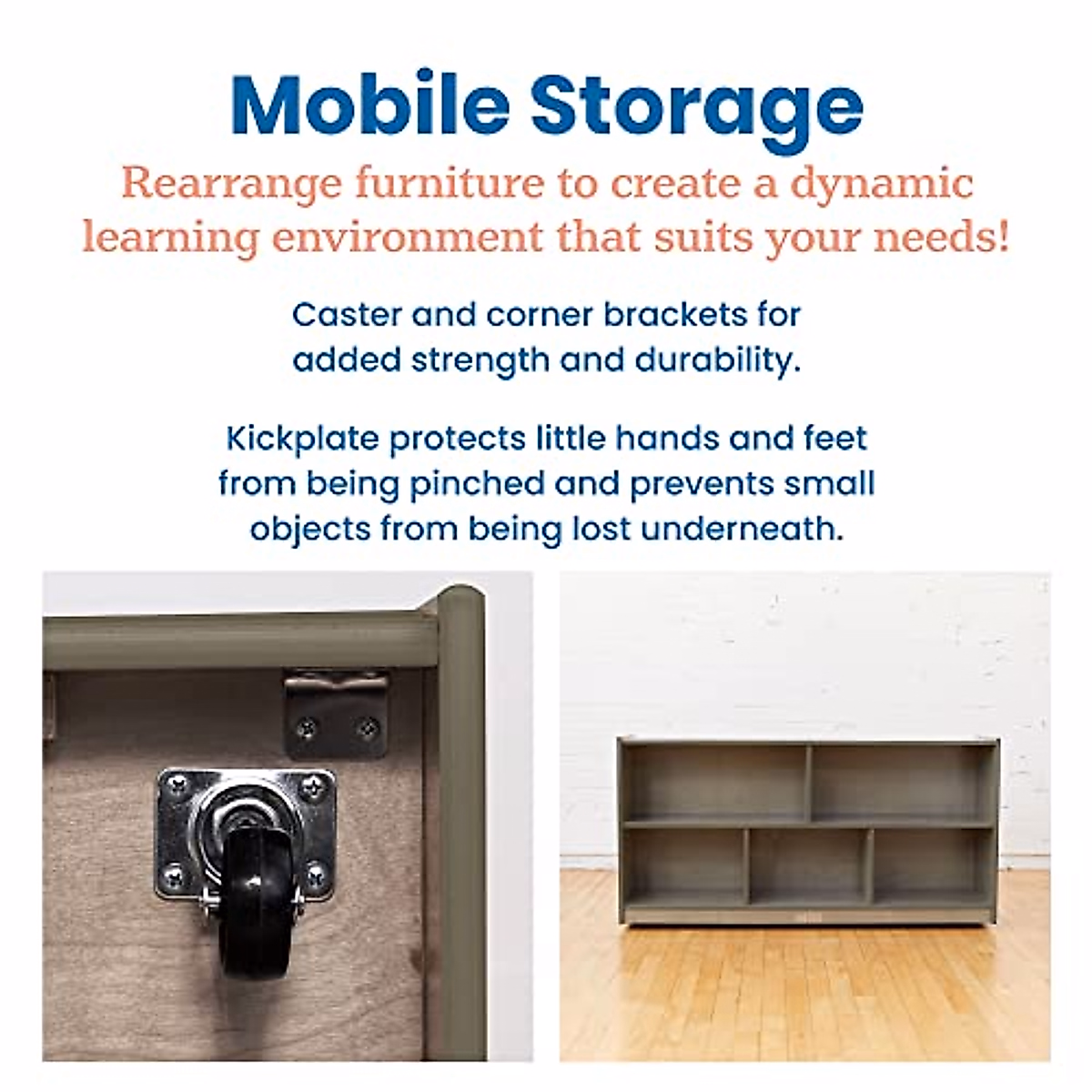 ECR4Kids 5-Compartment Mobile Storage Cabinet, 24in, Classroom Furniture, Grey Wash