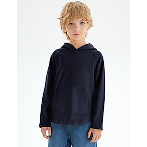 Spring&Gege Boys Light Weight Long Sleeve Hooded T-shirt Casual Solid Pullover Hoodie with Pocket, Navy, 9-10 Years