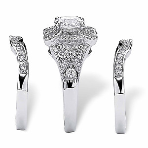 PalmBeach Platinum-plated Sterling Silver Cushion Cubic Zirconia Vintage Clover Motif Bridal Ring Set Sizes 6-10 Size 9