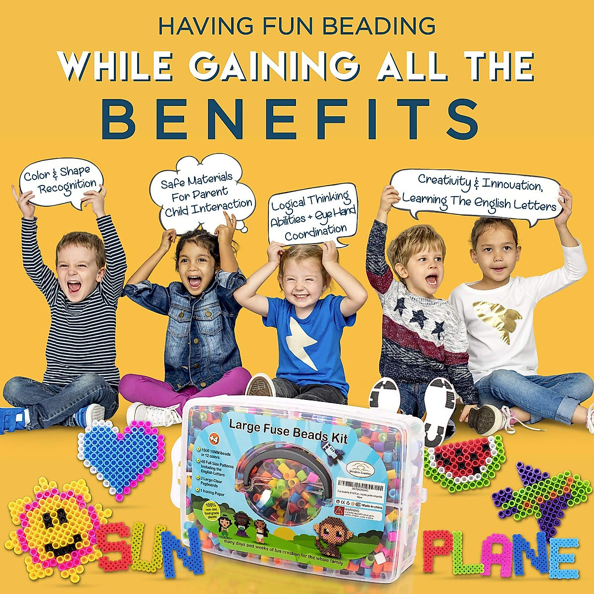 Fuse Beads kit of 1500 Large 10MM Melty Beads Perfect for Ages 4-7 with 48 Patterns and pegboard Arts and Crafts for Girls and Boys