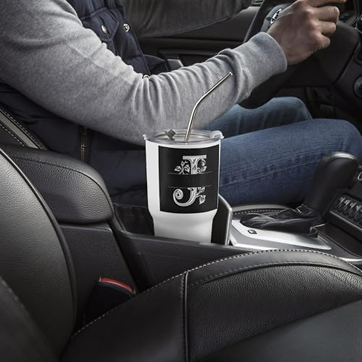 Monogram J Initial Name 30 oz Tumbler with Lid, Stainless Steel Travel Coffee Mug Water Bottle
