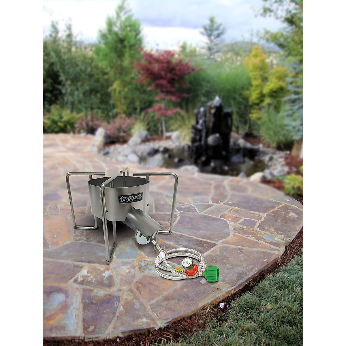 Bayou Classic SS40 22-in Stainless Dual Jet Cooker Features 22-in Cooking Surface 12.5-in Tall Welded Frame 30-psi Adjustable Regulator w/ 48-in Stainless Braided Hose