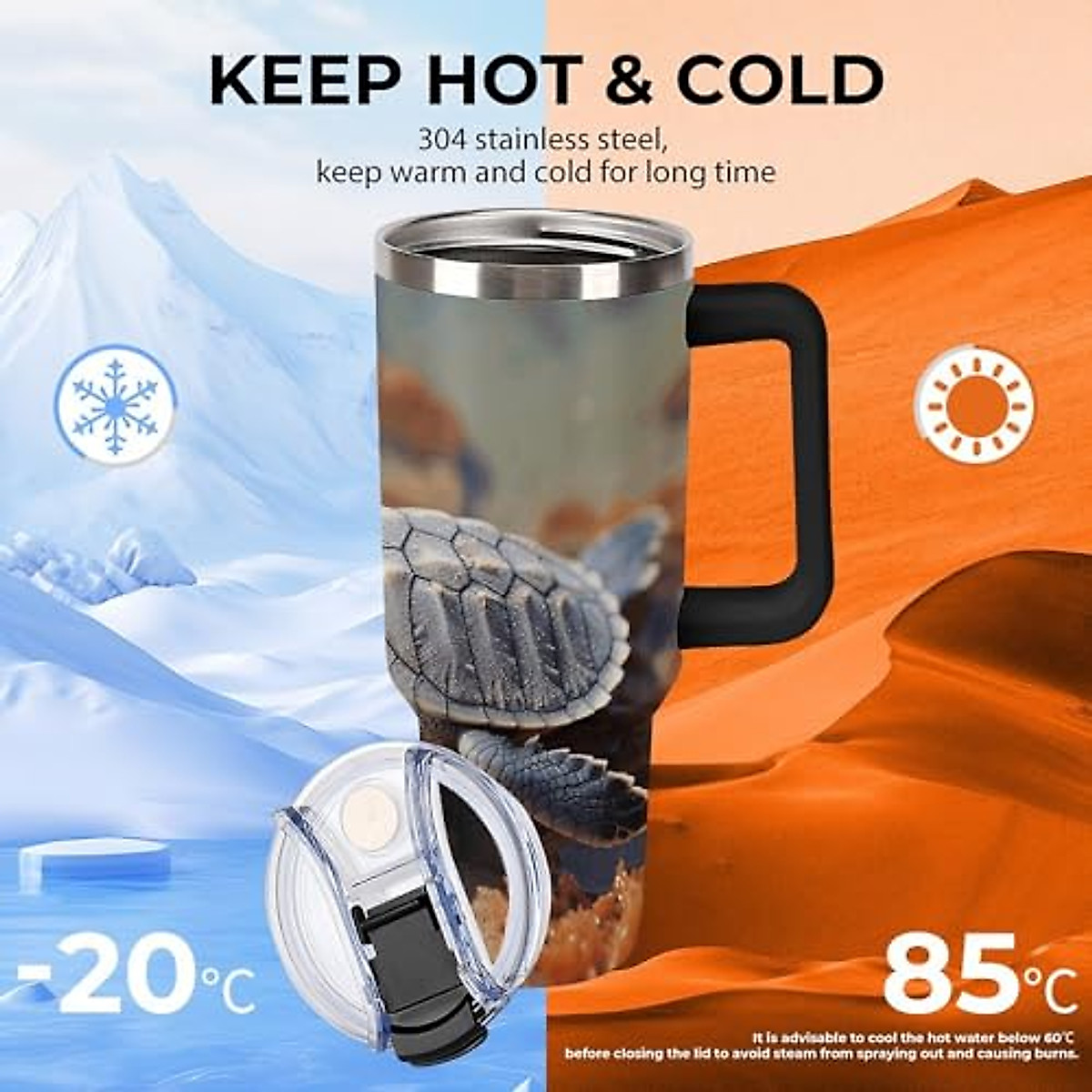 YTLKGFP 40 Oz Large Capacity Car Cup Cut Sea Turtle Tumbler with Handle (Black) Straw Lid Insulated Stainless Steel Water Bottle Travel Mug Leak-proof Car Cup Keeps Cold Or Hot