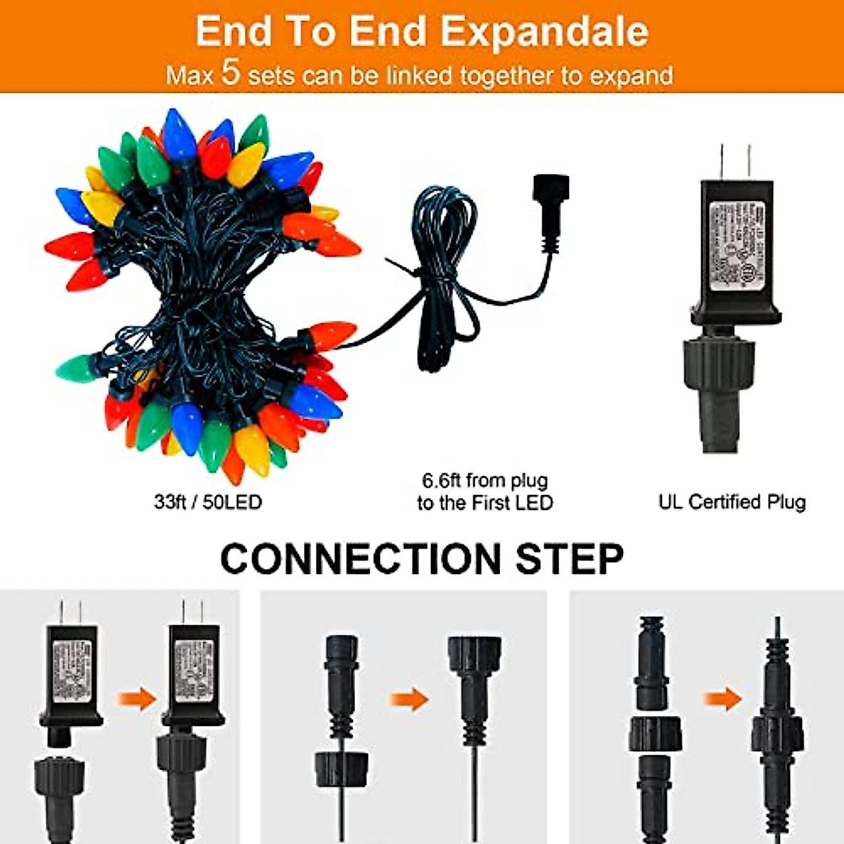 C9 Bulbs - 33ft 50LEDs Christmas String Lights with 29V Safe Adaptor, 5 Sets Connectable,UL Certified Outdoor Indoor Fairy Lights for Christmas Tree Party Garden Decorations