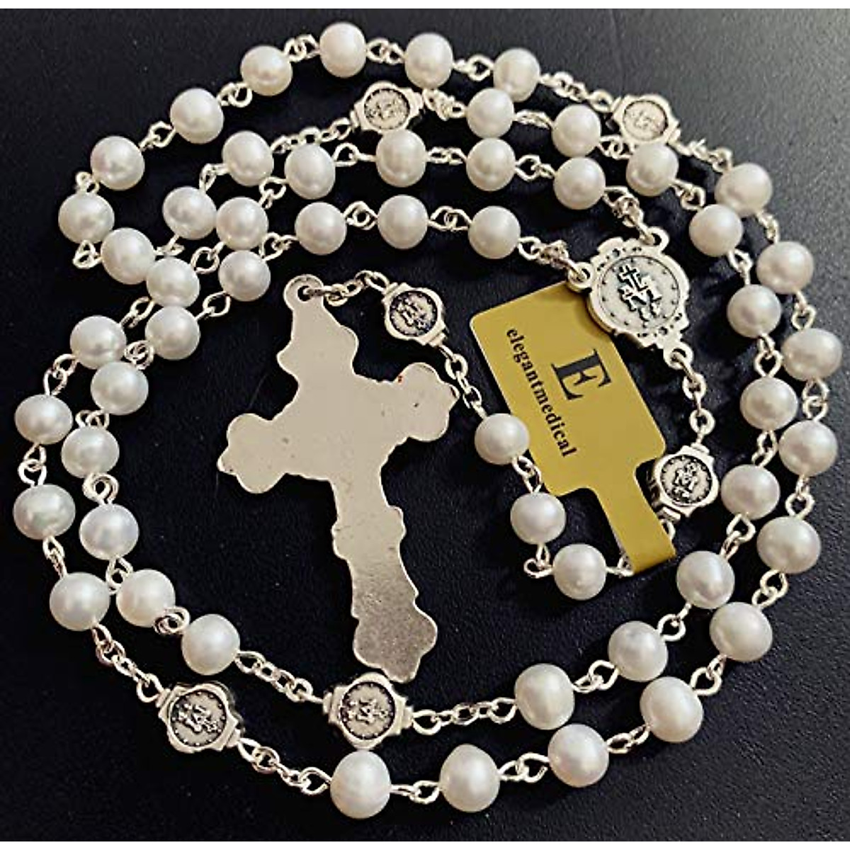 elegantmedical Handmade AAA 6MM Real Pearl Beads Catholic Our Lady Grace Rosary Cross Necklace Box Case Gifts (White)