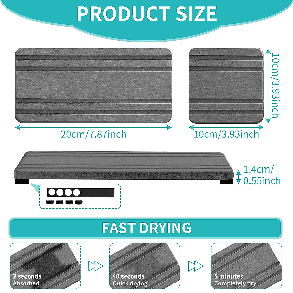 3PCS Water Absorbing Stone Tray for Sink, Drying Neat Diatomite Stone Sink Tray, Instant Dry Sink Coasters, Kitchen Sponge Hand Soap Holder Countertop for Bathroom & Kitchen (8 * 4inch and 4 * 4inch)