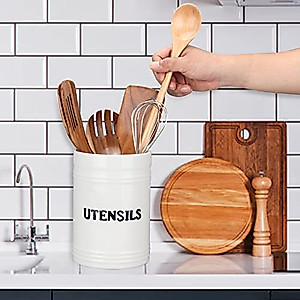 Best White Large Ceramic Utensil Crock Kitchen Spoon Stand Utensil Jar Flatware Caddy Cooking Spoon Utensil Holder Organizer Silverware Holder Stove Top Utensil Holder