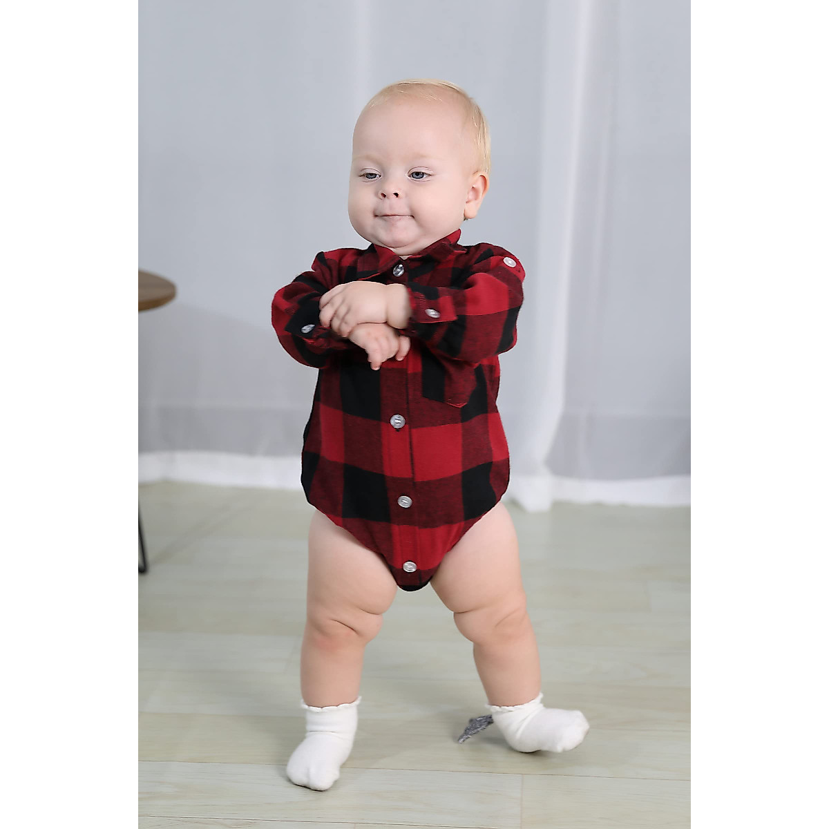 HAPPYMA Newborn Baby Boy Girls Plaid Outfit Flannel Romper Tops Infant Long Sleeve Button Down Plaid Casual Bodysuit Clothes