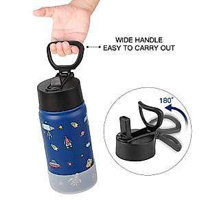SEMOZOZO Water Bottle with Straw, Kids Water Bottle with Wide Rotating Handle Straw Lid, Wide Mouth Vacuum Insulated Stainless Steel Water Bottle for school ，The blue spaceship