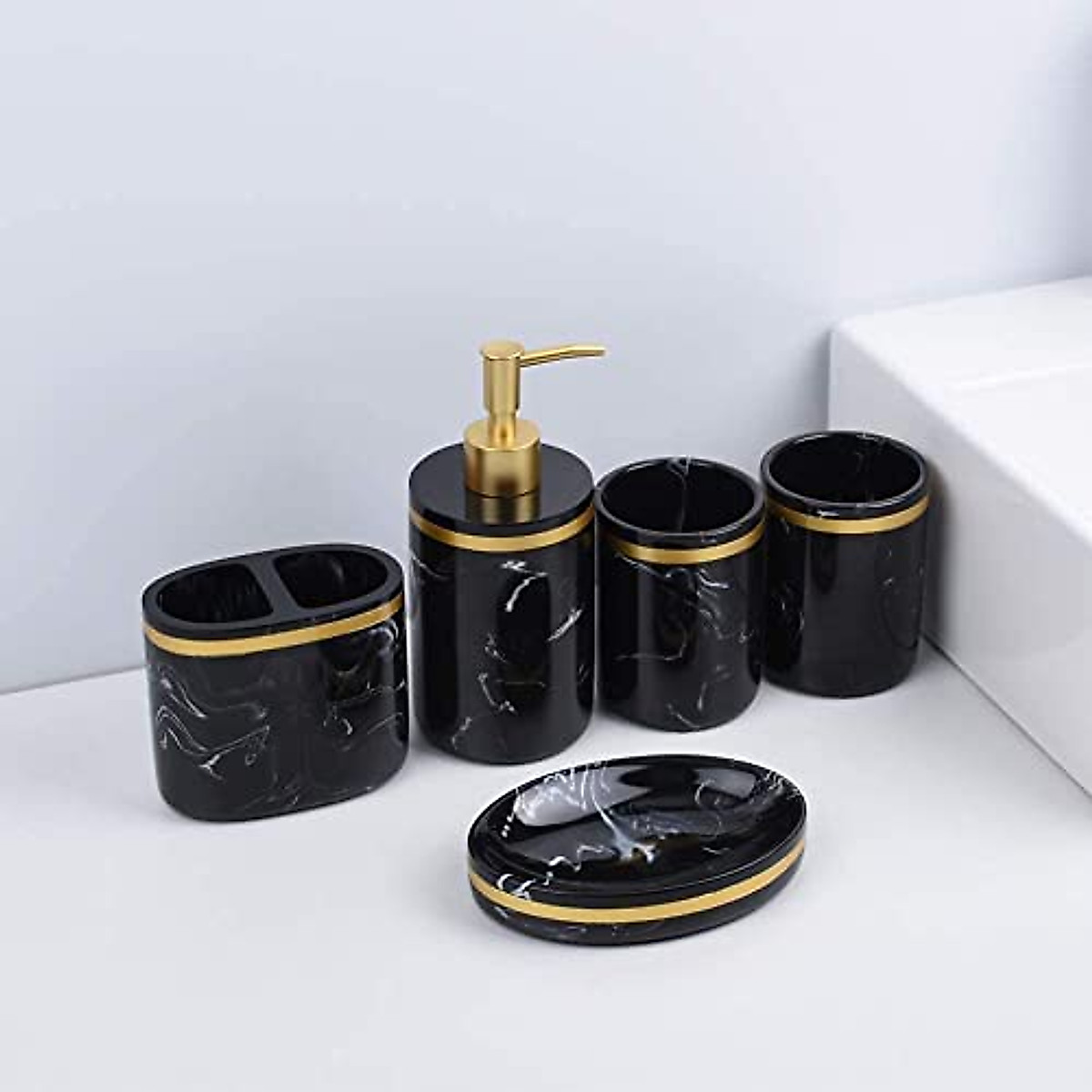 5-Piece Bathroom Counter Top Accessory Set - Dispenser for Liquid Soap or Lotion, Soap Dish, 2 Tumblers and Toothbrush Holder, Marble Pattern Resin (Classic Black)