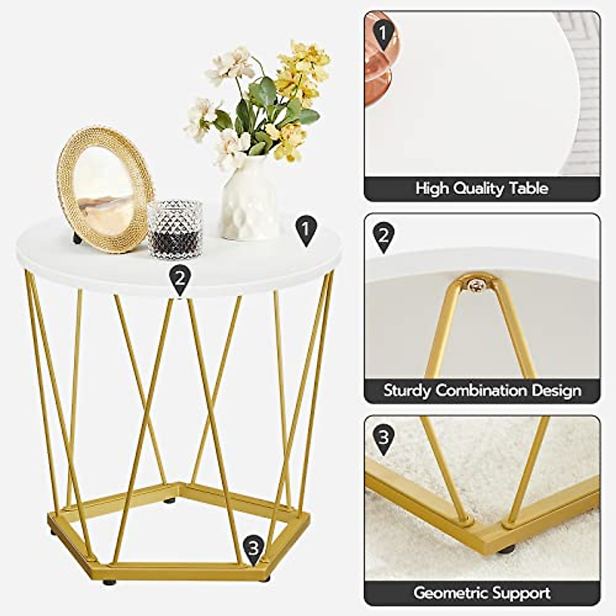 HOOBRO Round Coffee Table Set of 2, Gold Coffee End Table with Metal Frame, Small Coffee Table for Living Room Bedroom Balcony Yard, Modern Style, White and Gold, GD80BZ01