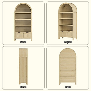 cosimates 65" Tall Arched Bookcase, 4-Tier Arched Cabinet with 2 Drawers and Shelves, Arched Bookshelf with Storage,for Living Room, (Oak)